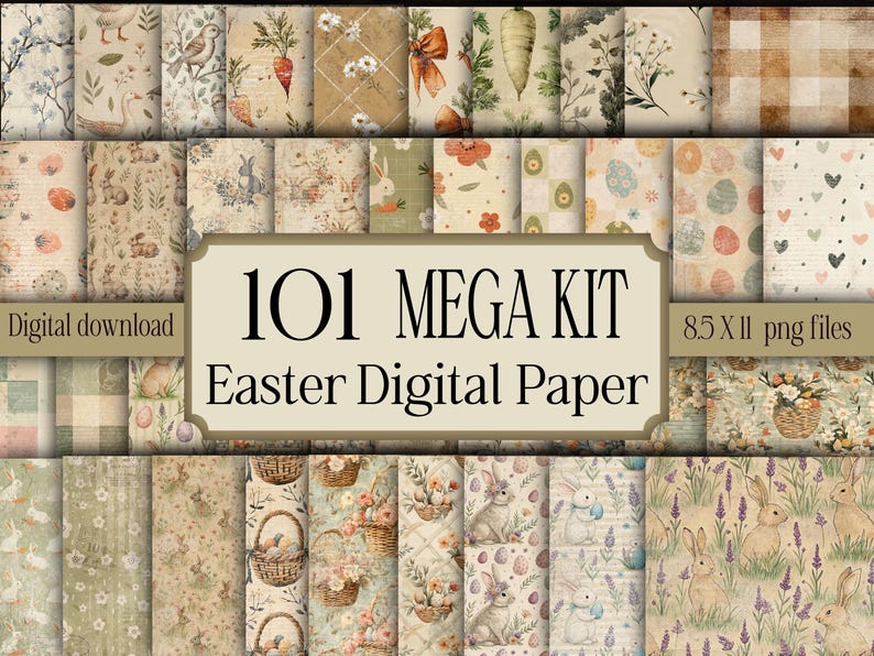 Easter Digital Paper Mega Kit Printable Scrapbook Vintage Bunny Floral ...