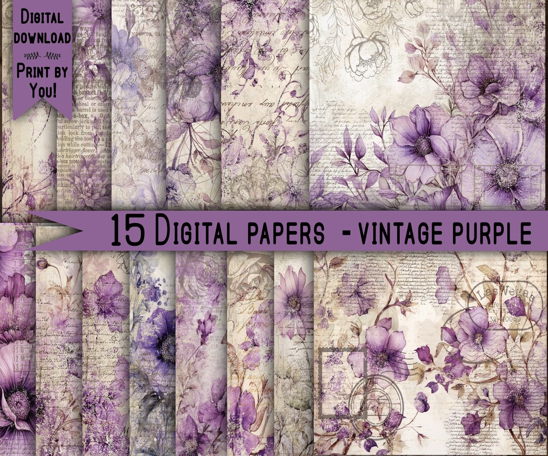 Purple Digital Paper Pack Shabby Chik Junk Journal Scrapbook Kit ...