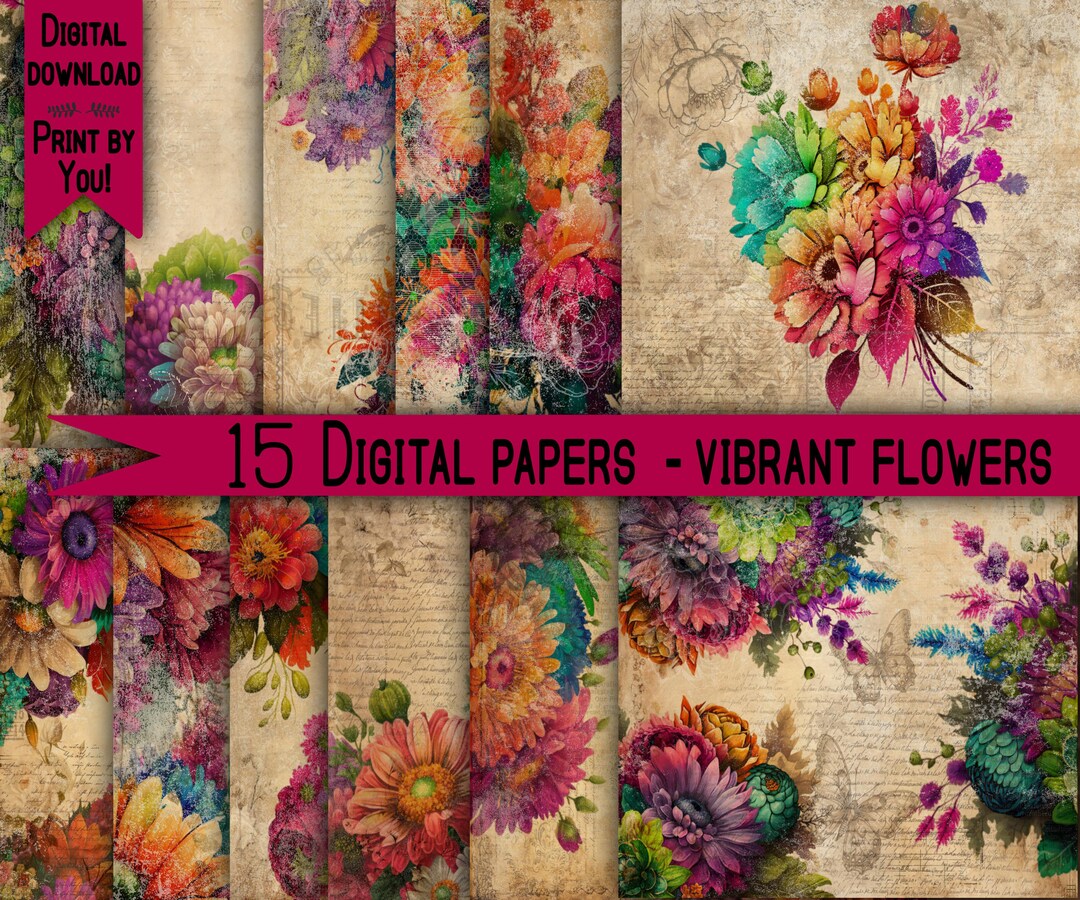 Vintage Flower Digital Paper Pack Printable Floral Scrapbook Craft ...
