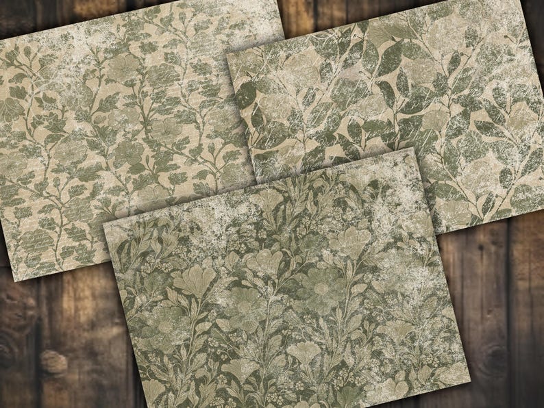 Green Floral Digital Paper Vintage Junk Journals Scrapbooking Ephemera ...