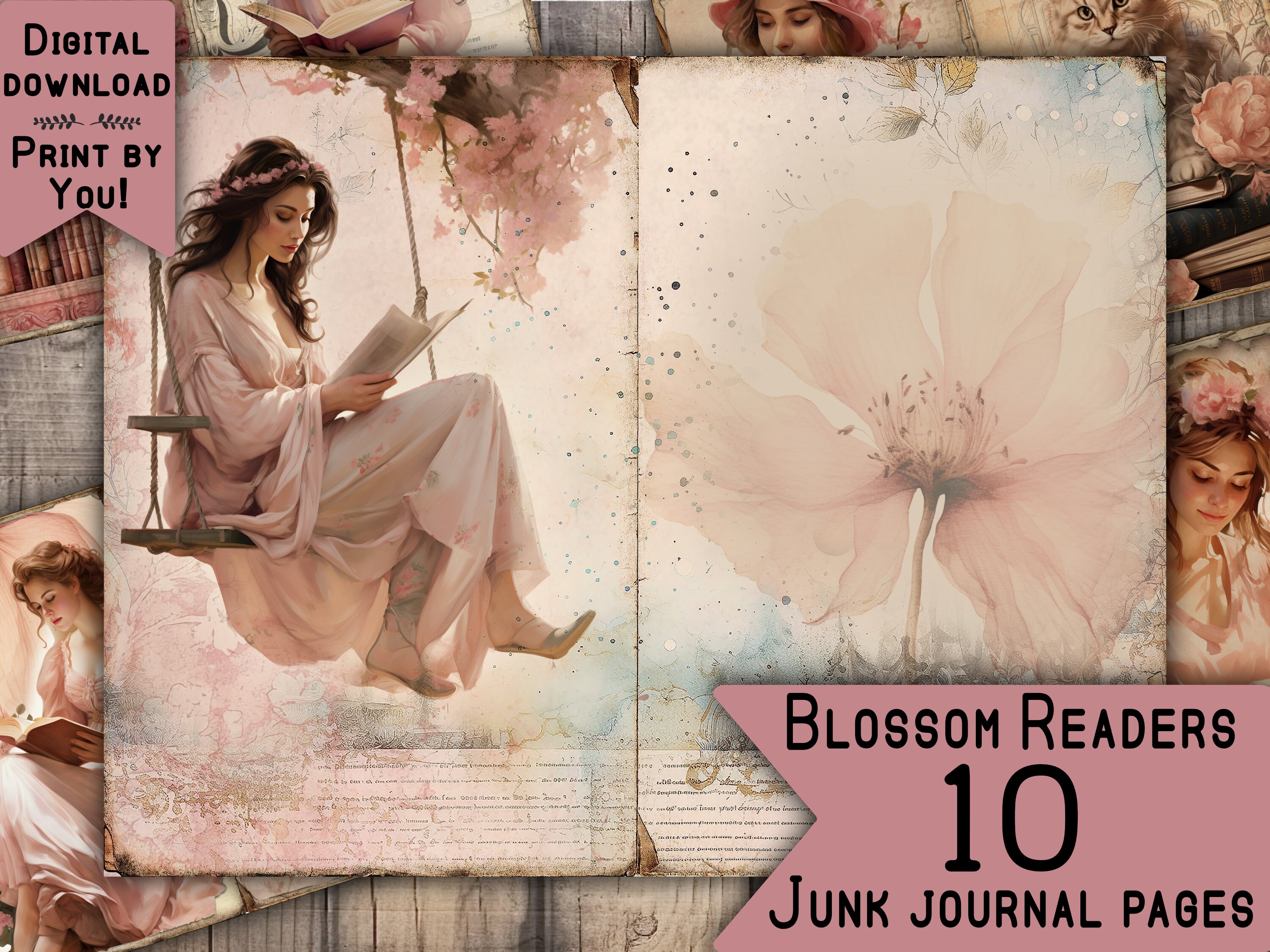 PINK Junk Journal Pages Digital Download Scrapbook Paper Kit Collage ...