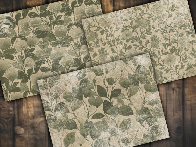 Green Floral Digital Paper Vintage Junk Journals Scrapbooking Ephemera ...