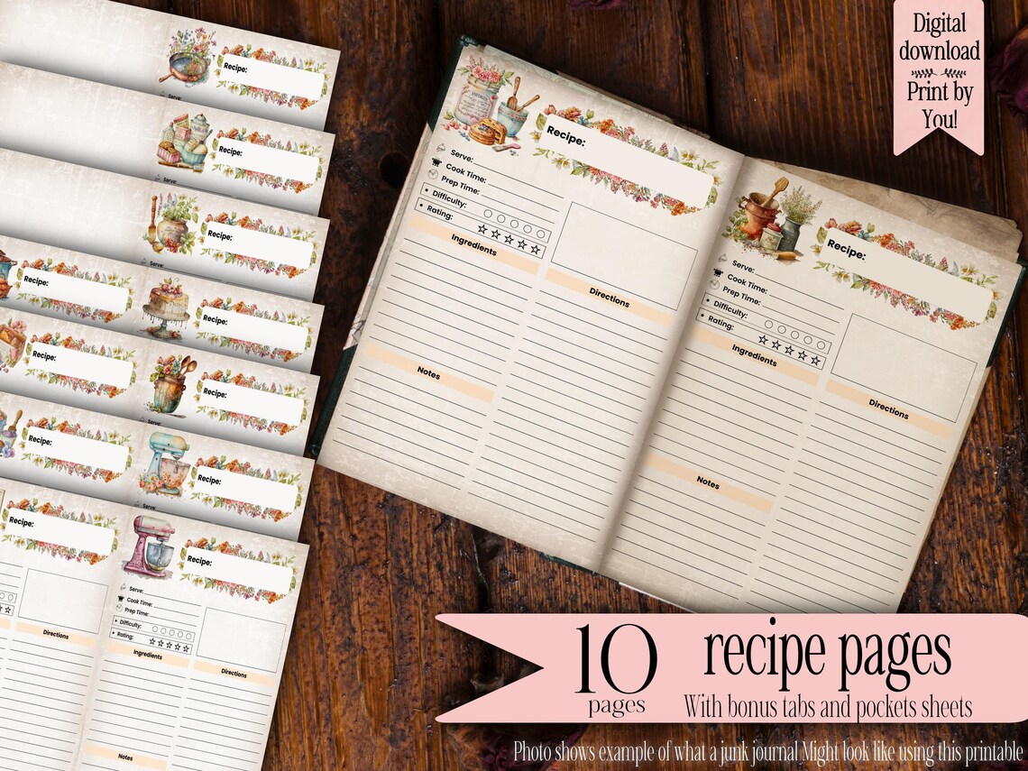 Recipe Pages Cook Book Junk Journal Kit Printable Journals Digital ...
