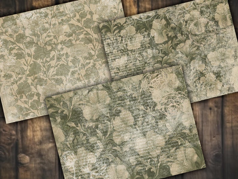 Green Floral Digital Paper Vintage Junk Journals Scrapbooking Ephemera ...
