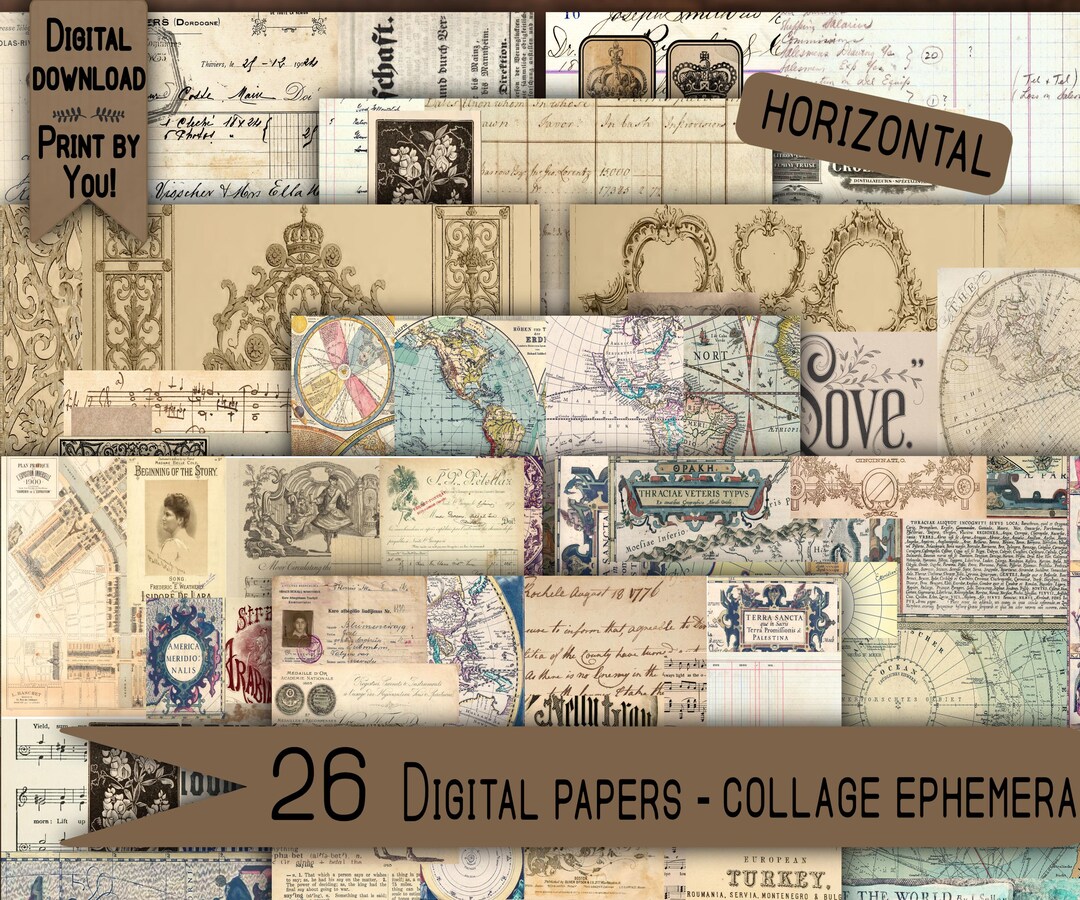 Vintage Craft Paper Pack Ephemera Digital Download Mixed Media Supply ...