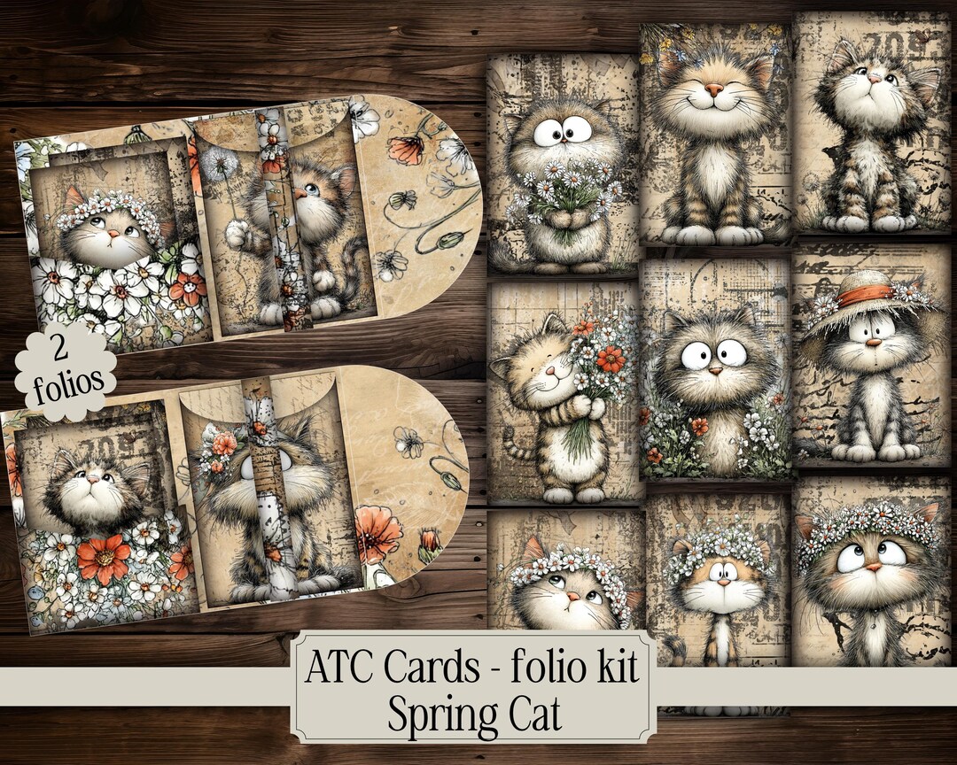 Spring Cat ATC Cards & Folio Kit | Loaded Tags Envelopes | Vintage Cat ...