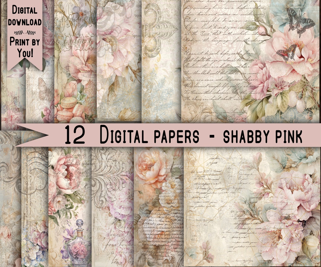 Pink Digital Paper Pack Shabby Chik Junk Journal Scrapbook Kit Collage ...