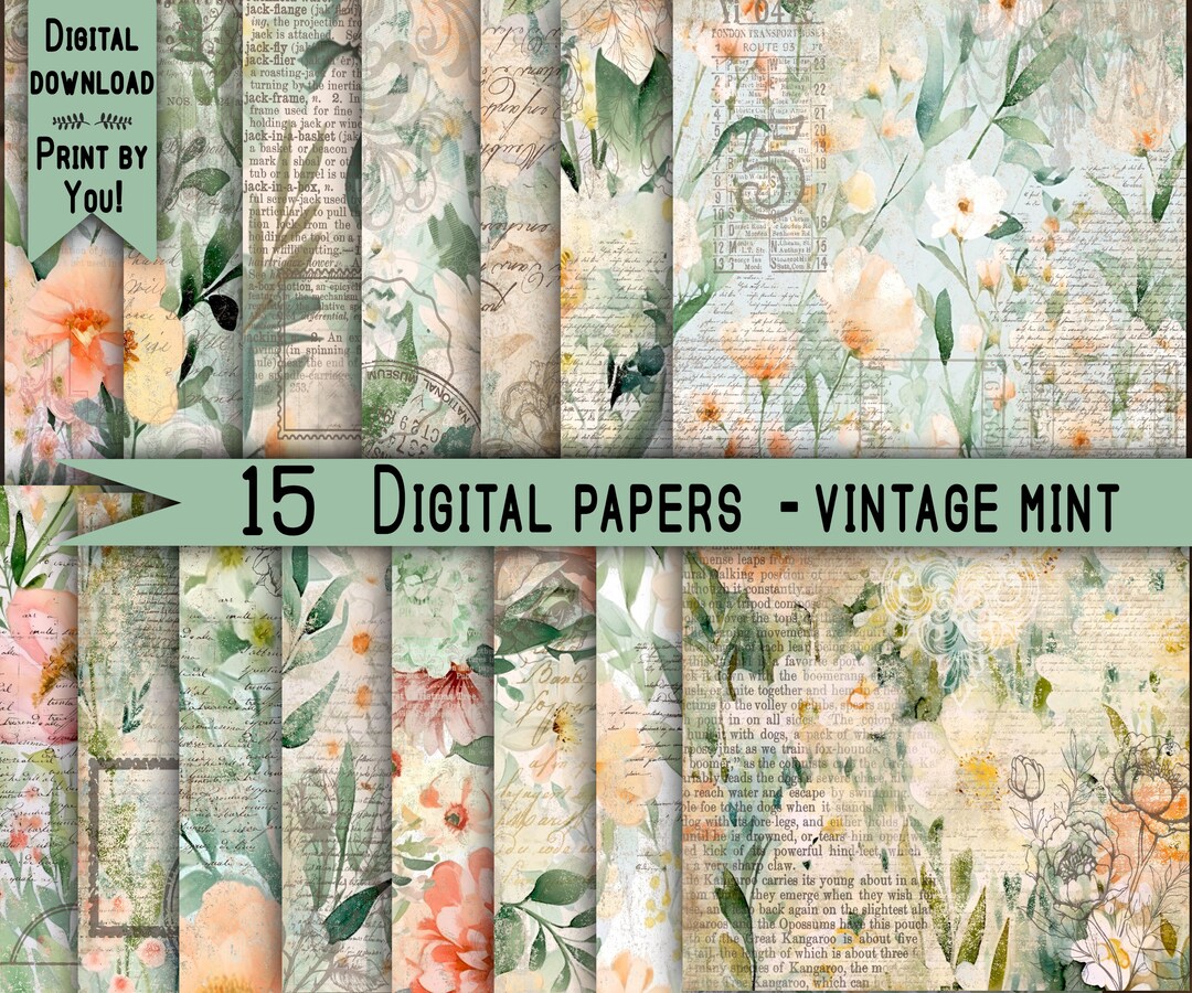 Mint Digital Paper Pack Shabby Chik Junk Journal Scrapbook Kit Collage ...