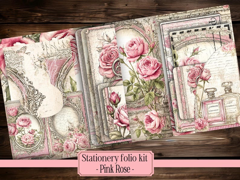 Pink Rose Vintage Folio Set Card Holder Printable Vintage Stationery ...