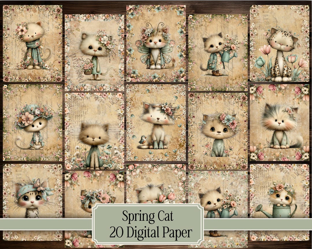 Spring Cat Digital Paper Pack | Cute Kitten Scrapbook Papers | Floral ...