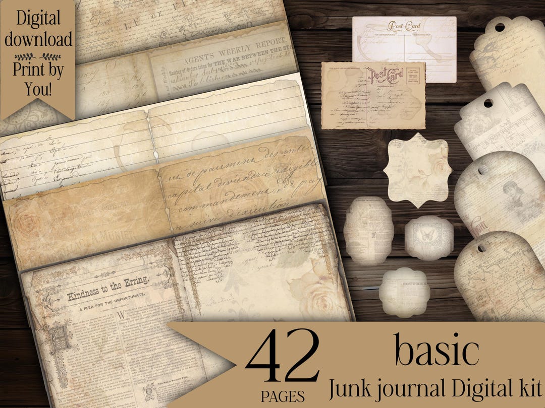 Printable Basic Junk Journal Kit Vintage Ephemera Pack Digital Download ...