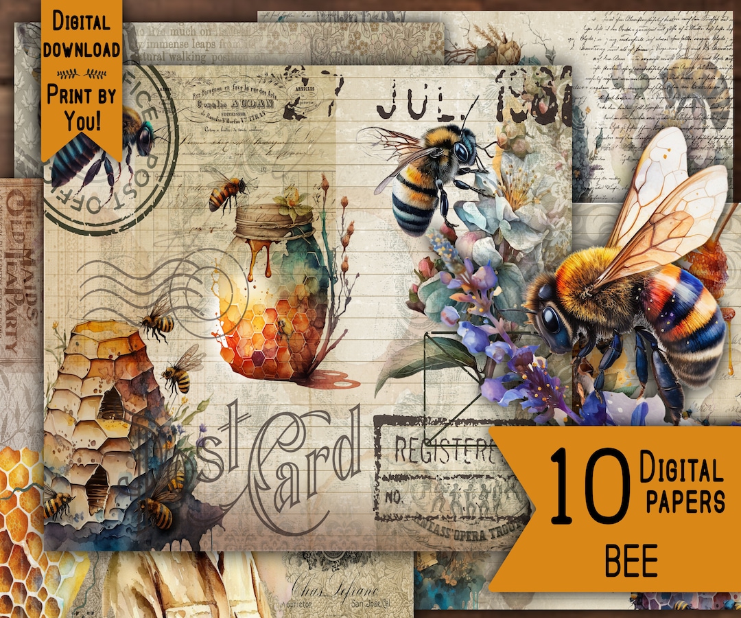 Bee Digital Papers Junk Journal Bees Paper Scrapbook Kit Collage Sheets ...