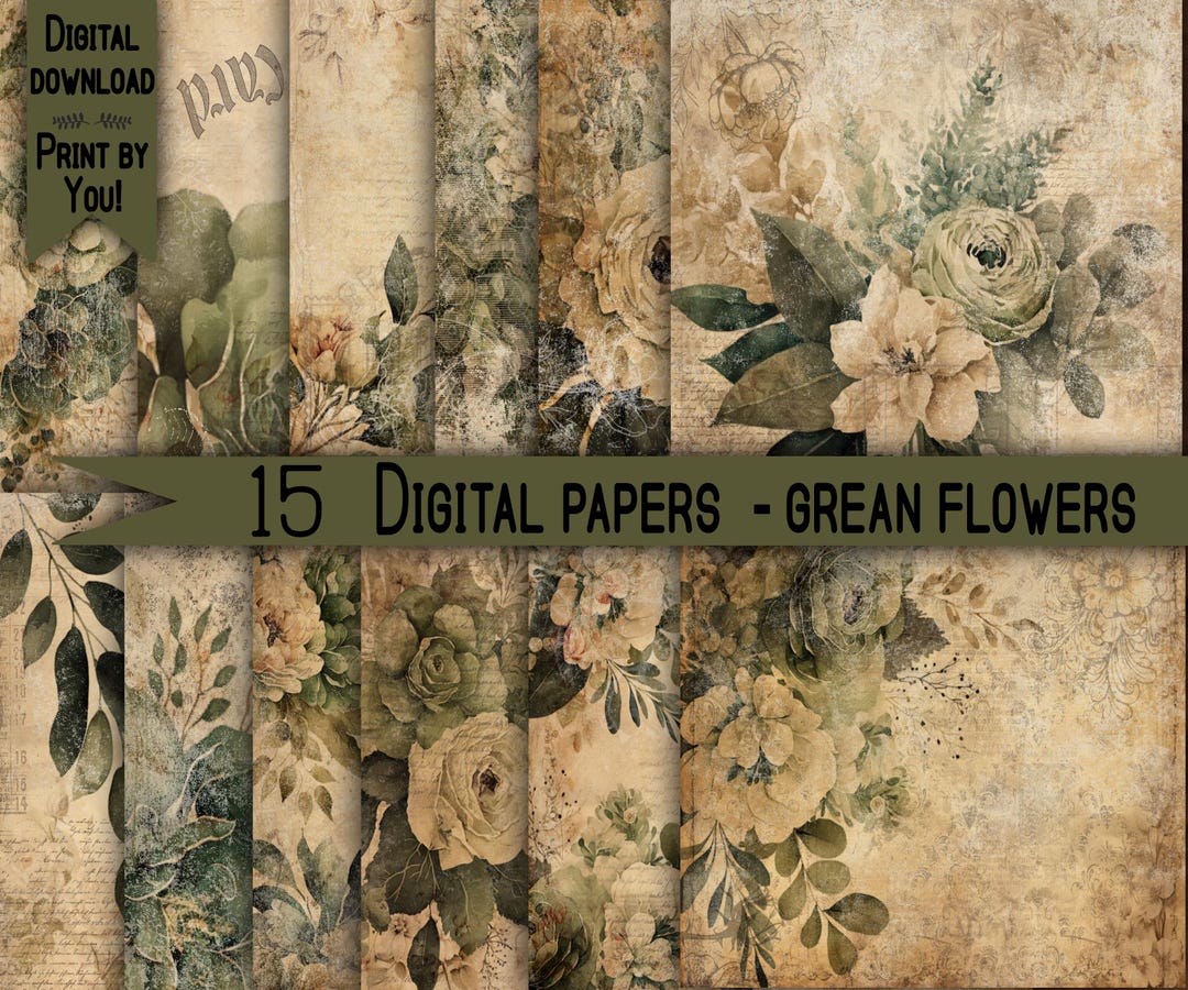 Green Vintage Flower Digital Paper Pack Printable Floral Scrapbook ...