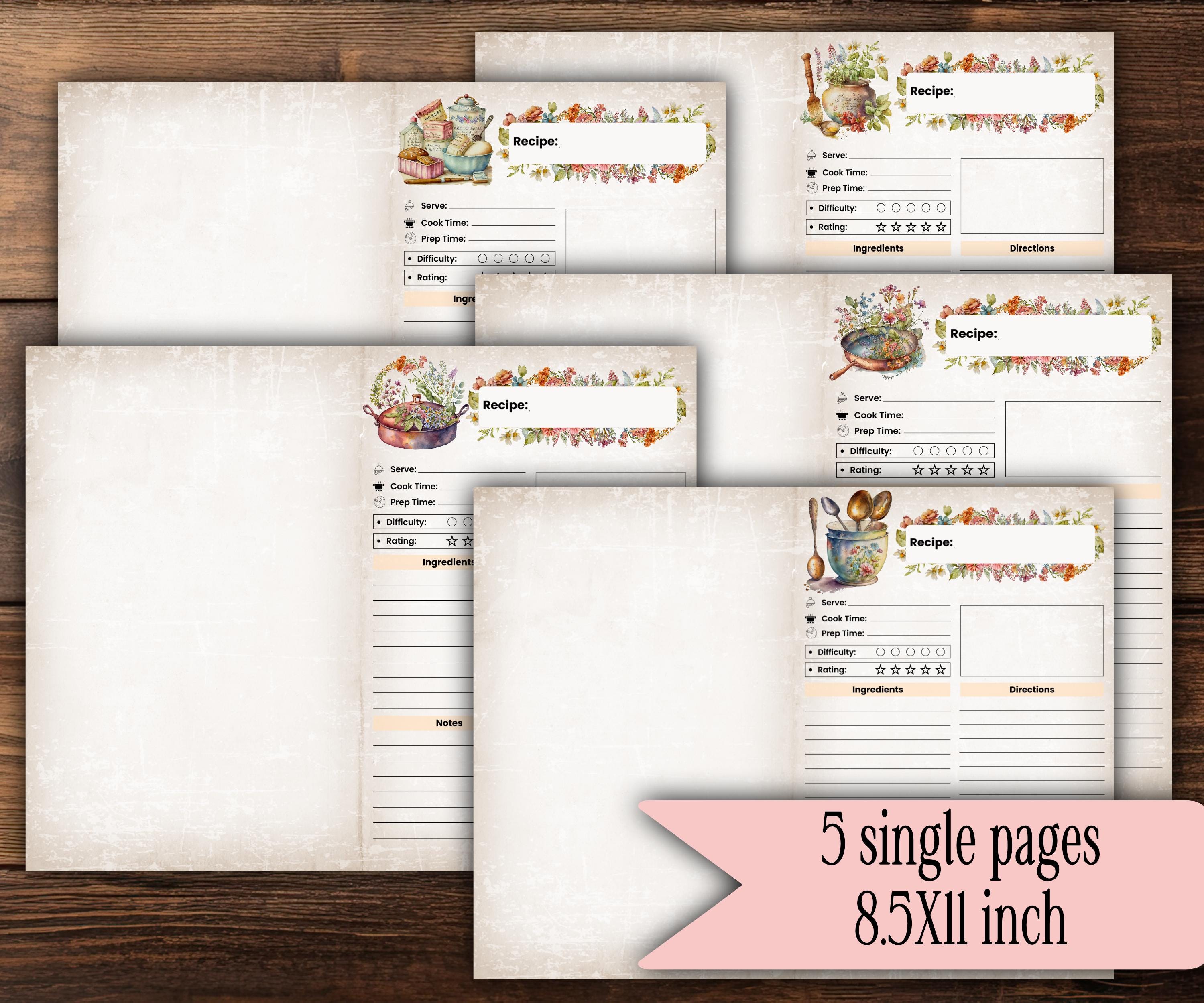 Recipe Pages Cook Book Junk Journal Kit Printable Journals Digital ...
