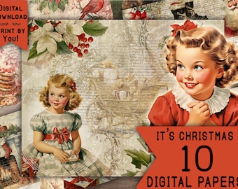 Pink Christmas Junk Journal Digital Paper Scrapbook Kit Collage Sheet Vintage Ephemera, Festive ...