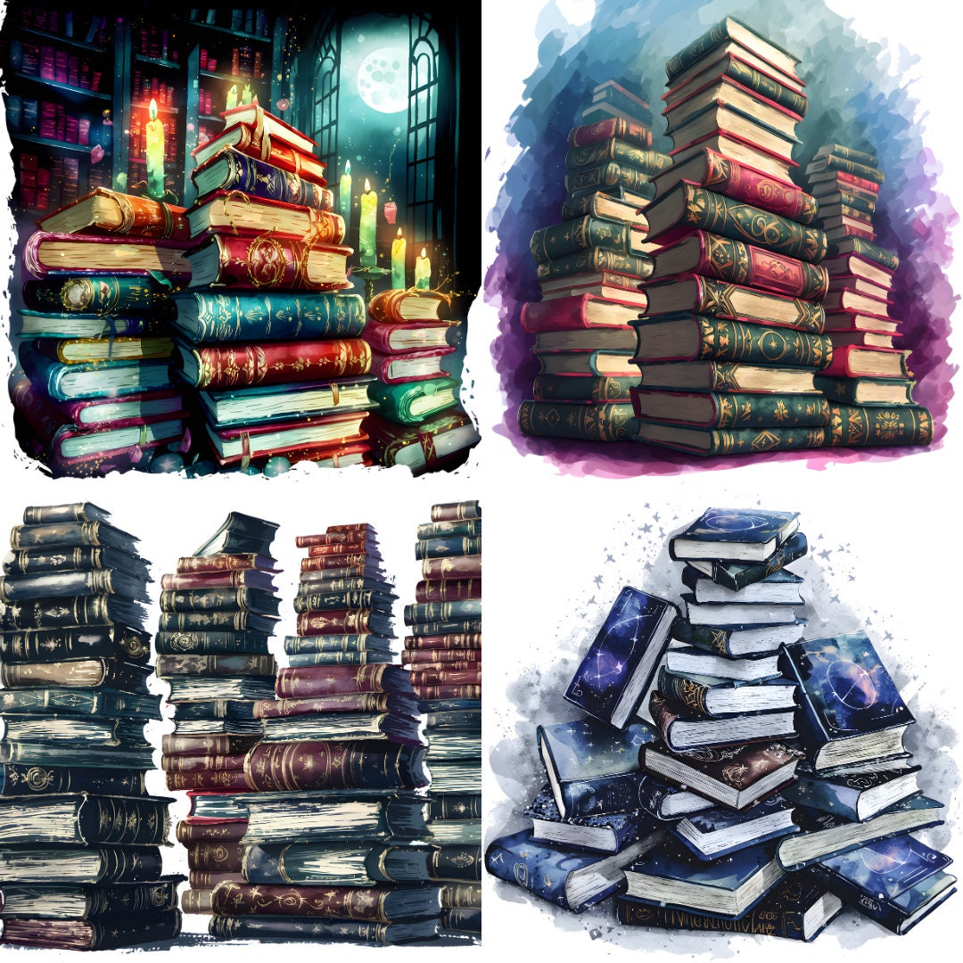 55 Watercolor Magick Books Clipart - Wizard Book Stacks and Shelves PNG ...