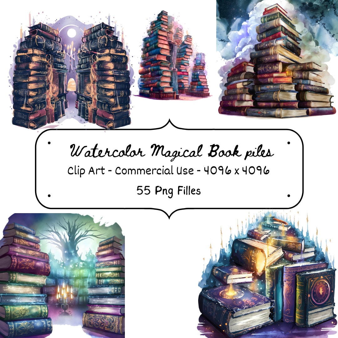 55 Watercolor Magick Books Clipart - Wizard Book Stacks and Shelves PNG ...