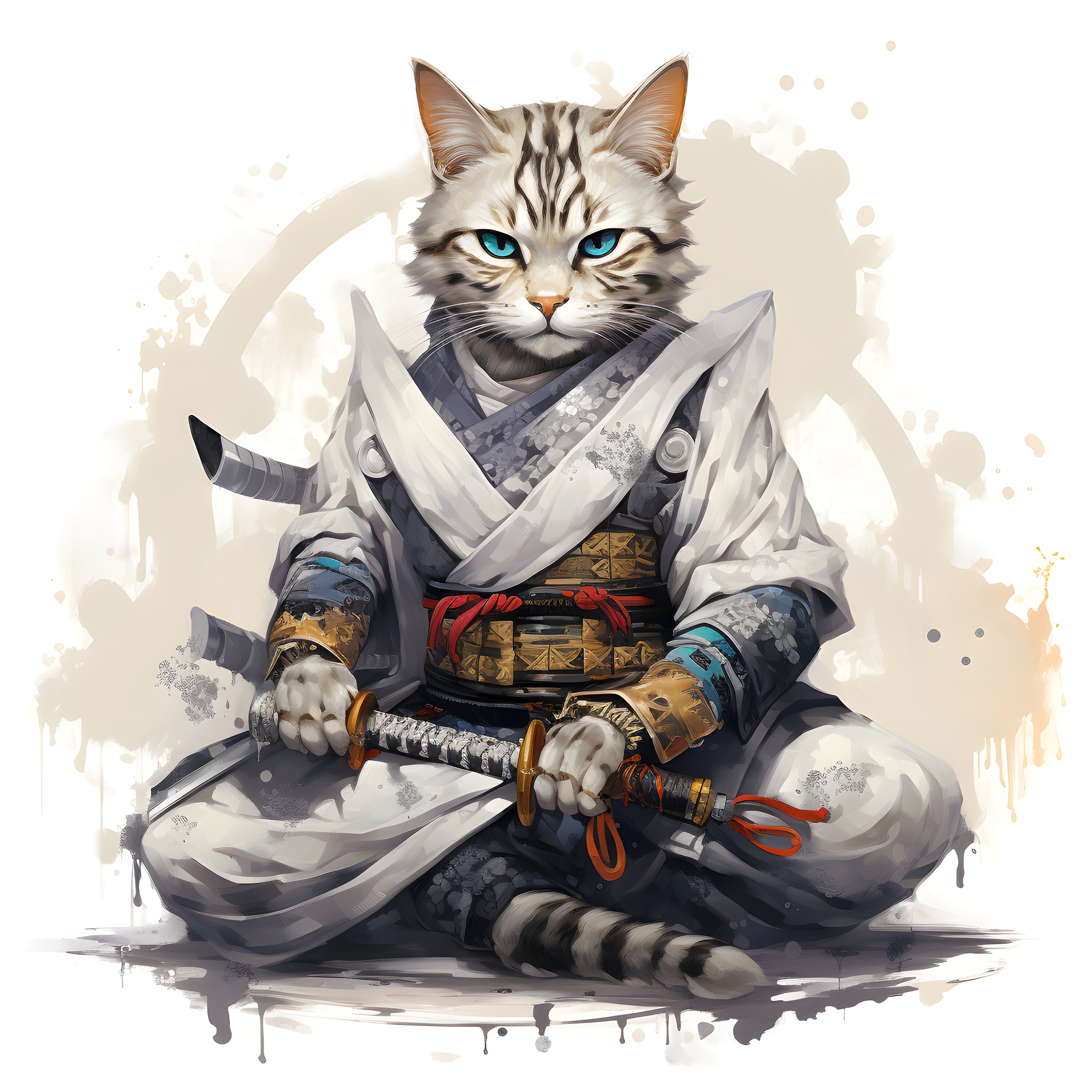 190 Watercolor Samurai Cats - Japanese Neko PNG Prints - White ...