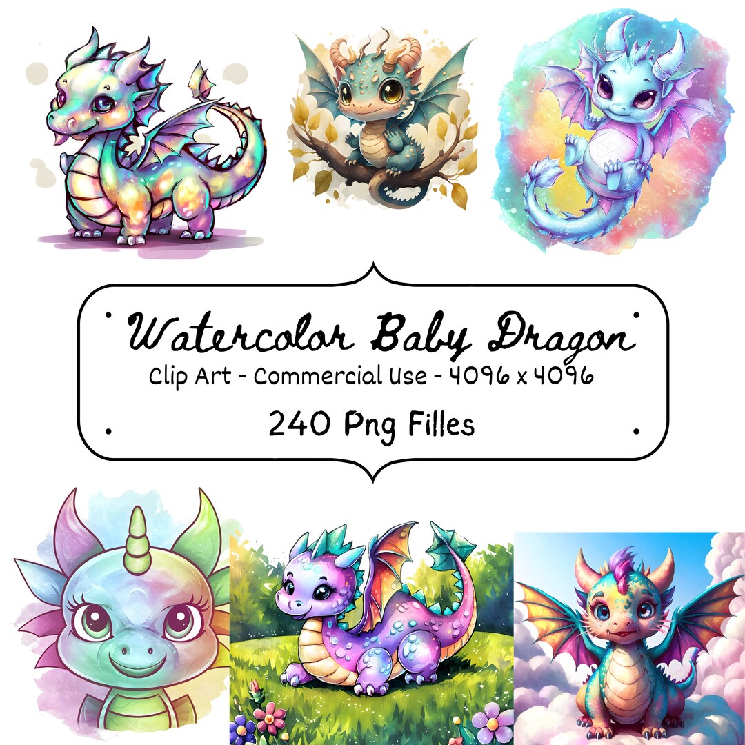 Watercolor Rainbow Baby Dragon Clipart: Fantasy PNG Bundle - Etsy