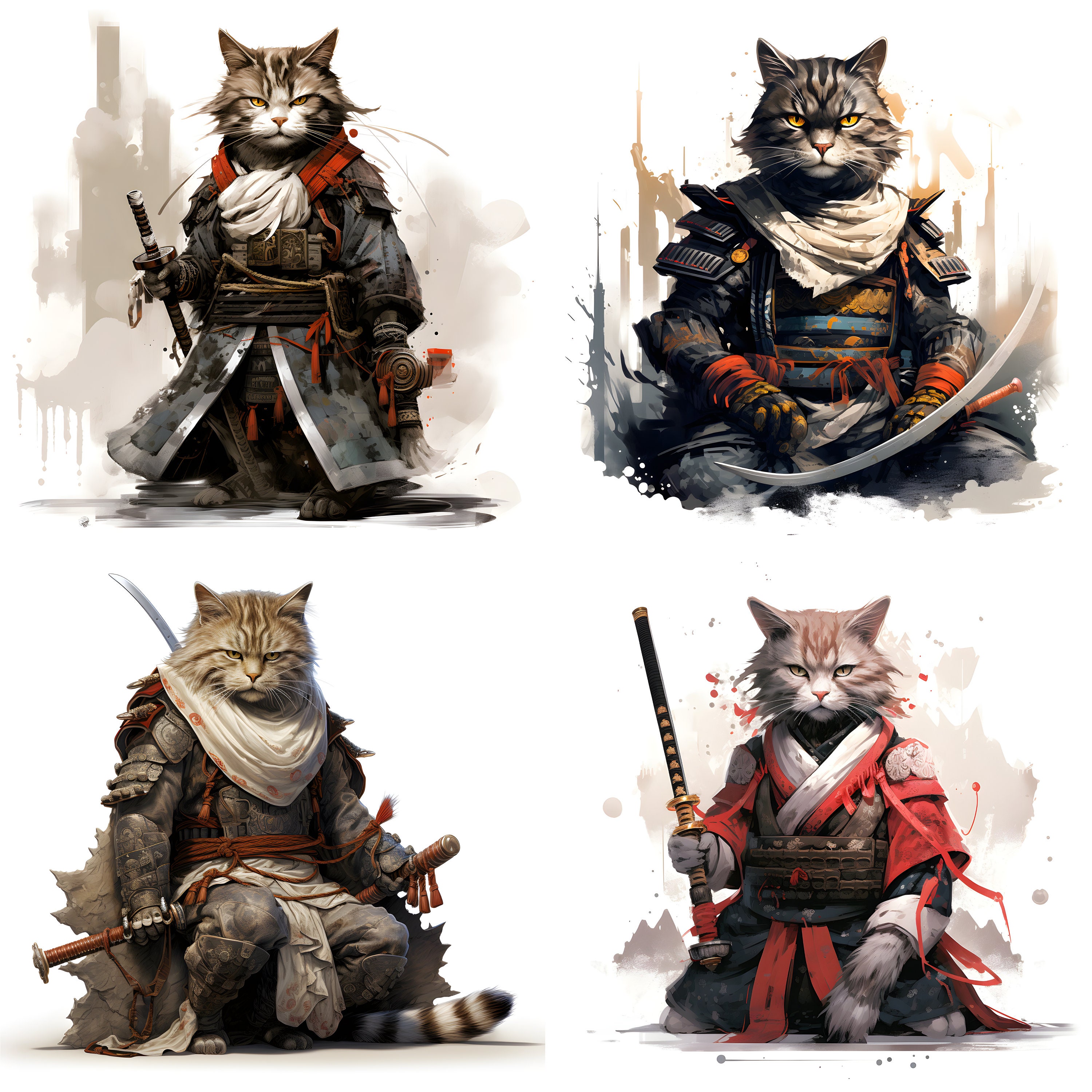 190 Watercolor Samurai Cats - Japanese Neko PNG Prints - White ...