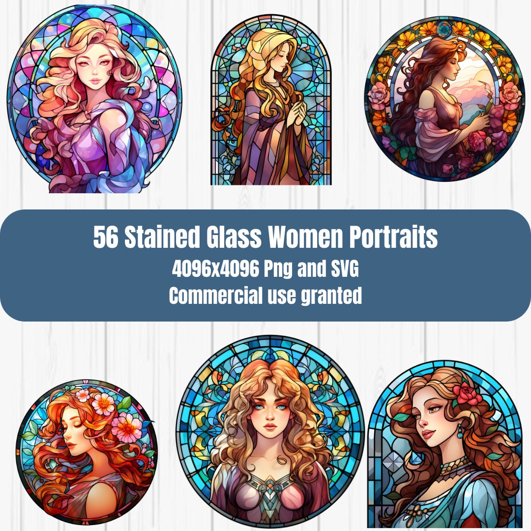 Stained Glass Portraits of Women, Colorful Art Bundle, Feminine Designs ...