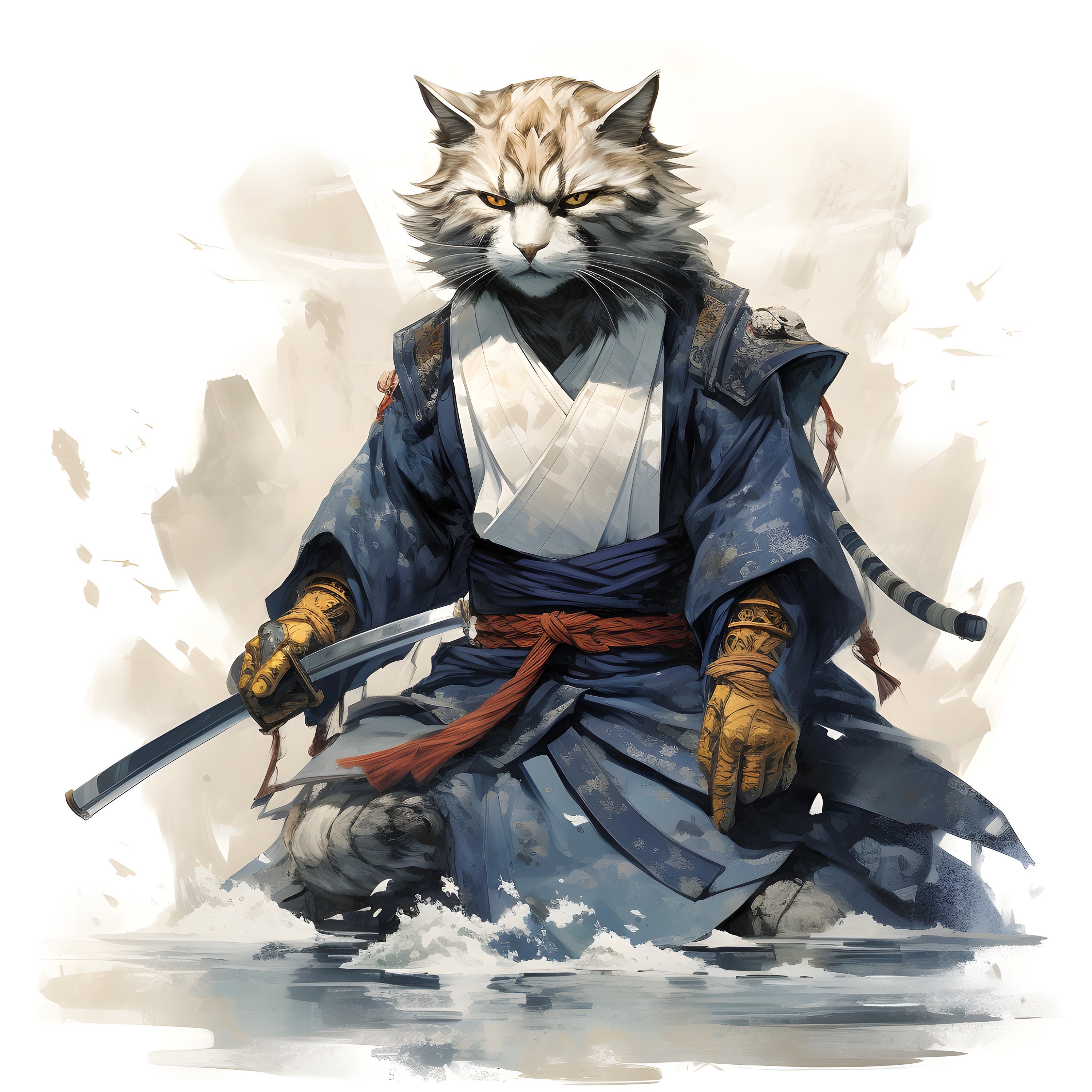 190 Watercolor Samurai Cats Japanese Neko PNG Prints White Background ...