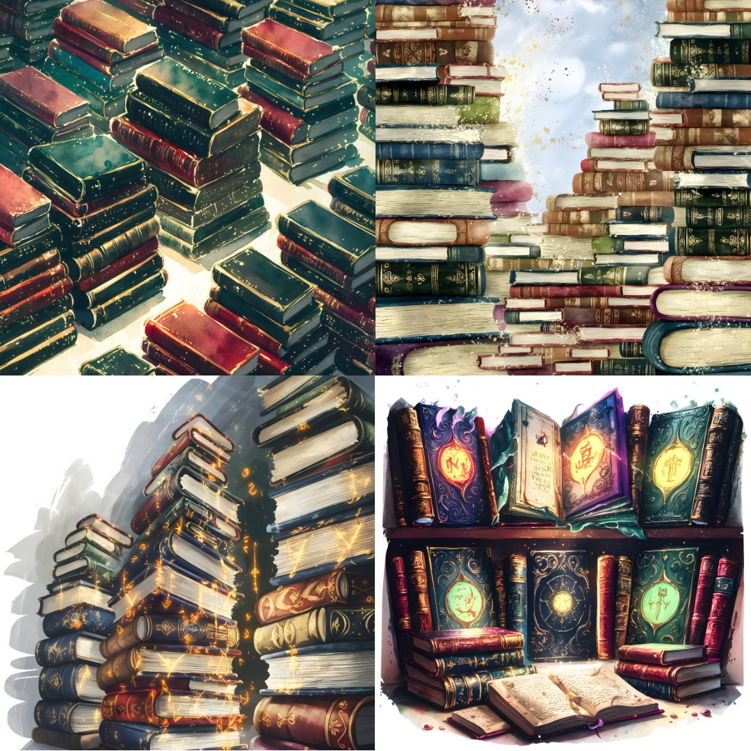 55 Watercolor Magick Books Clipart Wizard Book Stacks and Shelves PNG ...
