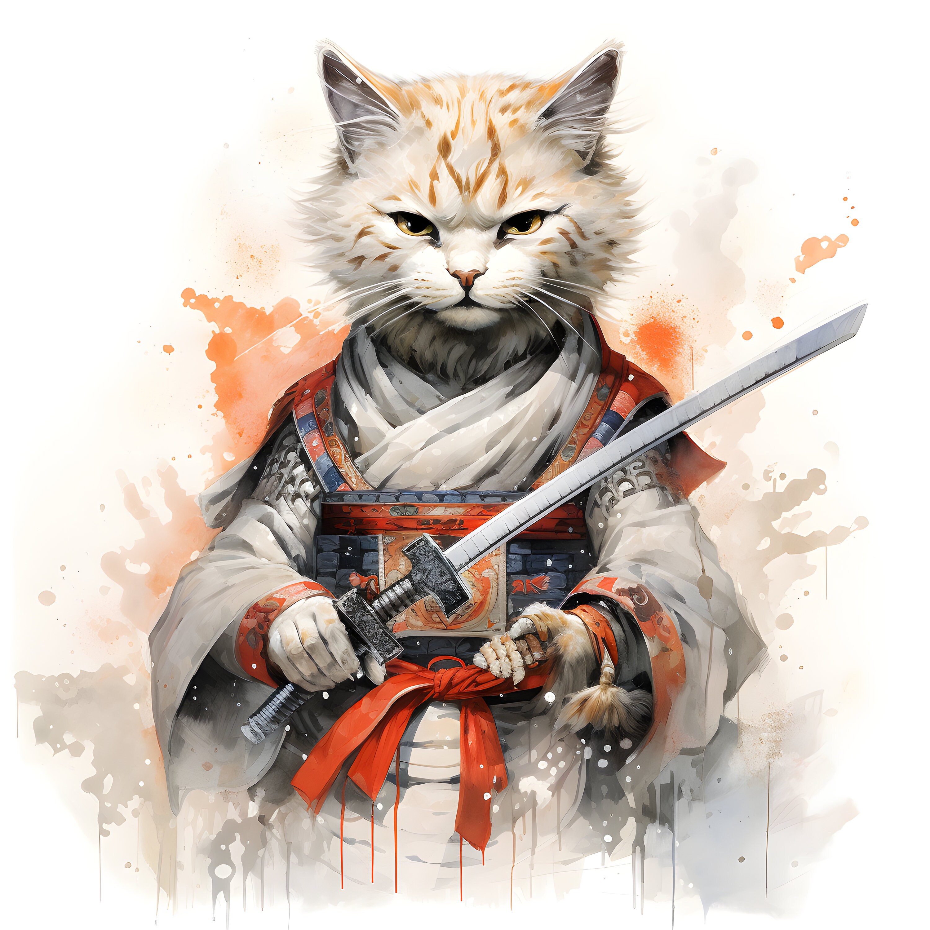 190 Watercolor Samurai Cats Japanese Neko PNG Prints White Background ...