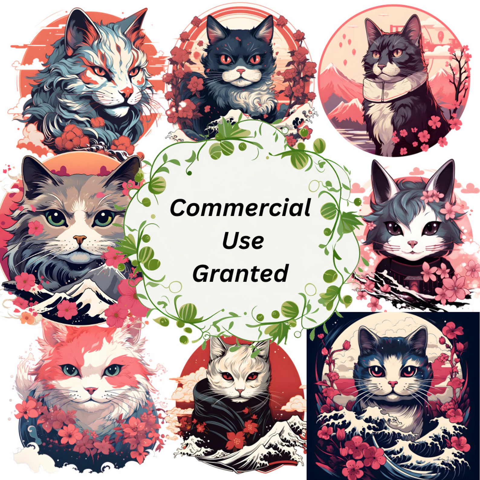 Artistic Japanese Cat Clipart Set, Manga Inspired Feline Designs for ...