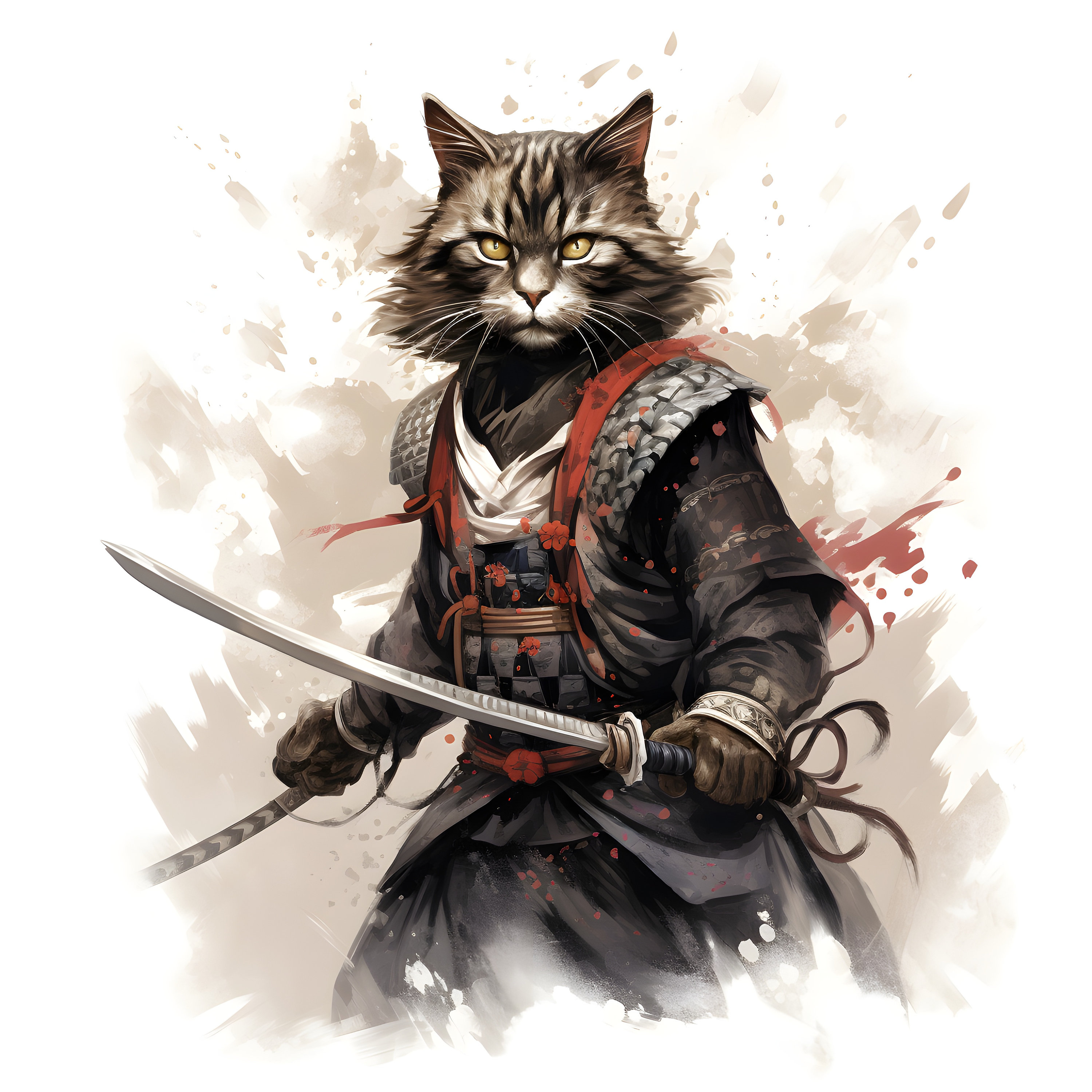 190 Watercolor Samurai Cats - Japanese Neko PNG Prints - White ...