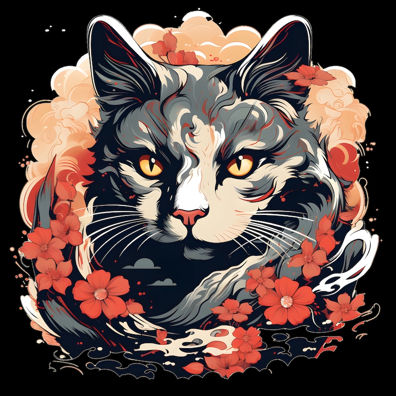 Artistic Japanese Cat Clipart Set, Manga Inspired Feline Designs for ...