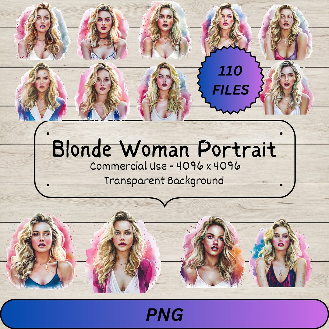 Watercolor Blonde Women Portraits - 110 PNG Clipart Bundle - Perfect ...