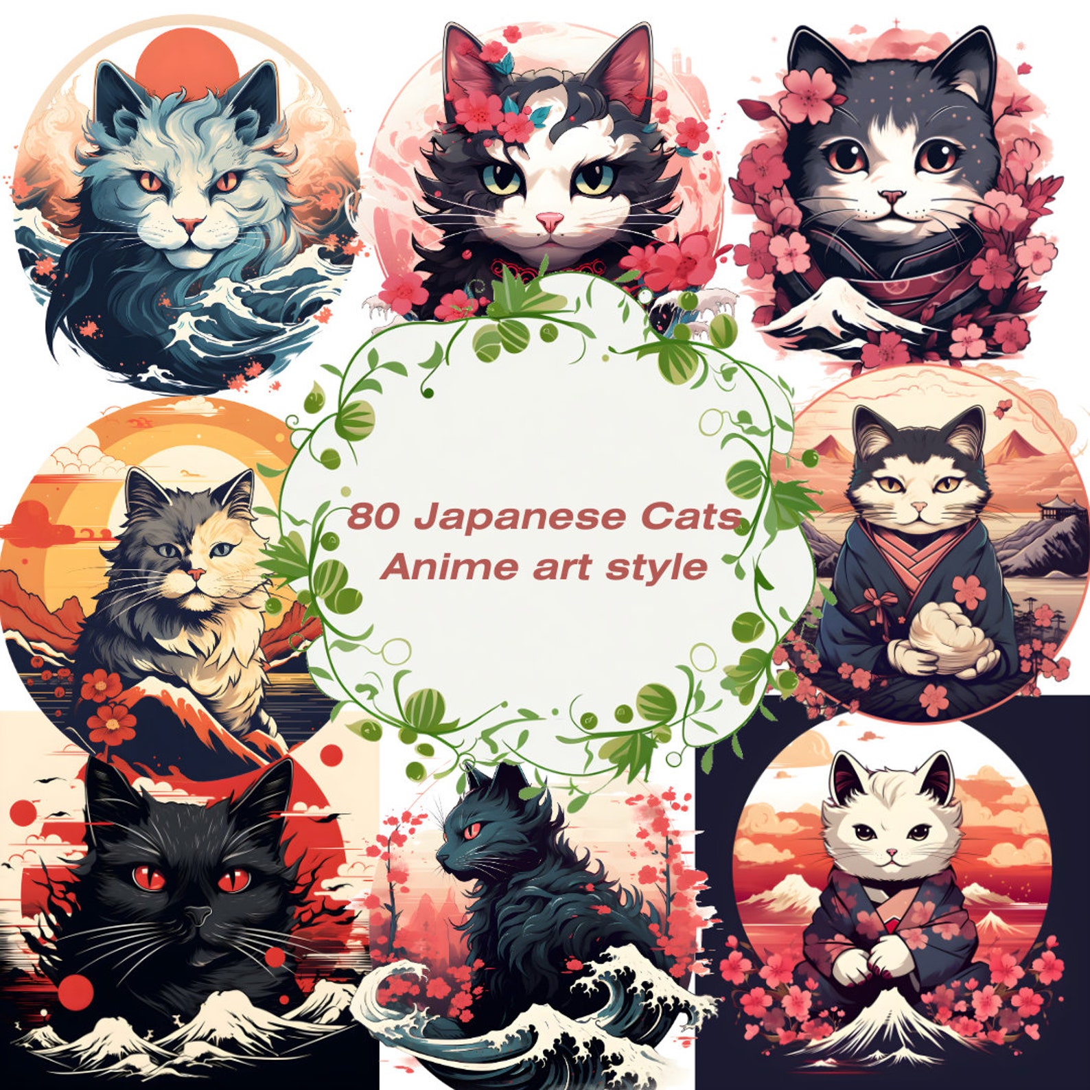 Artistic Japanese Cat Clipart Set, Manga Inspired Feline Designs for ...
