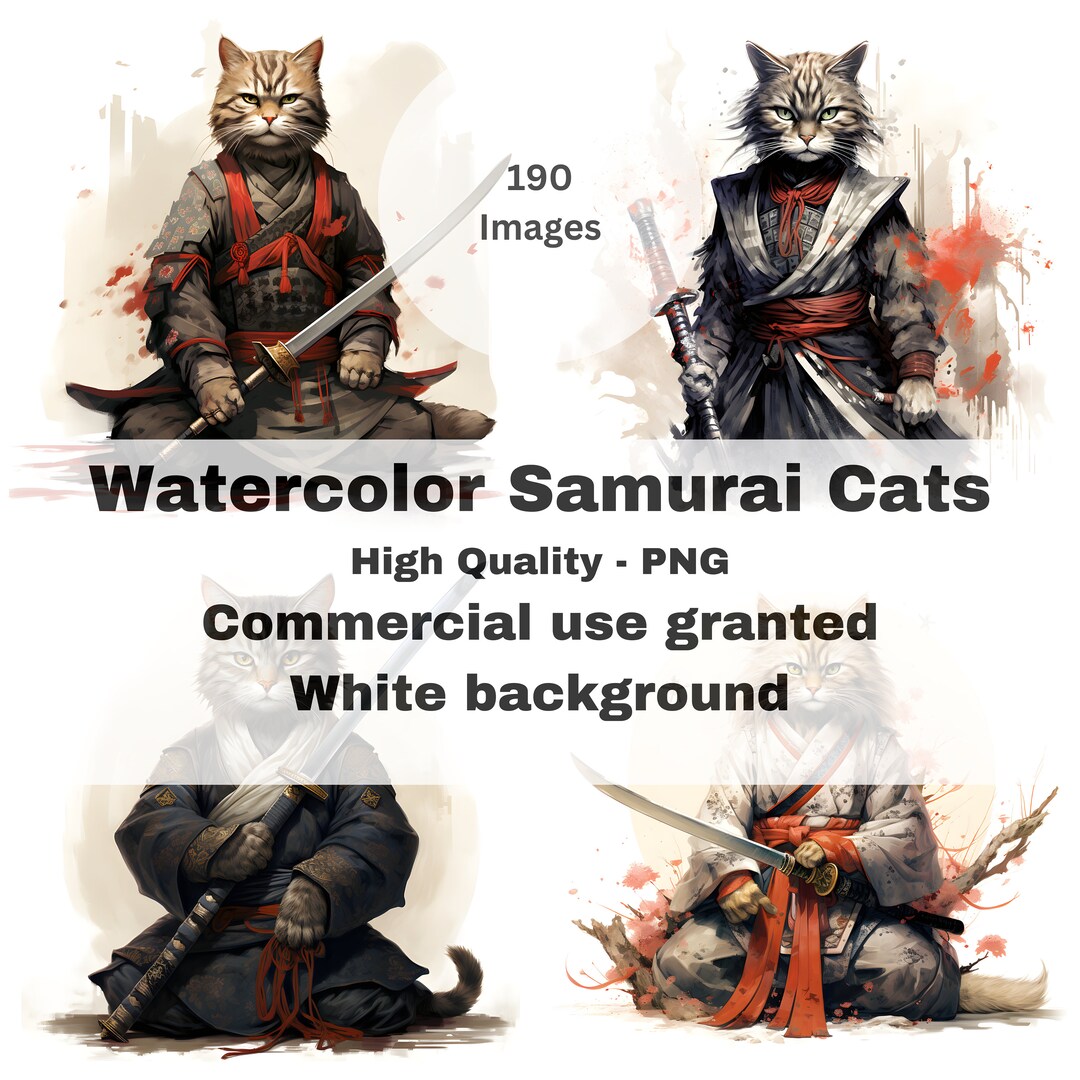 190 Watercolor Samurai Cats - Japanese Neko PNG Prints - White ...