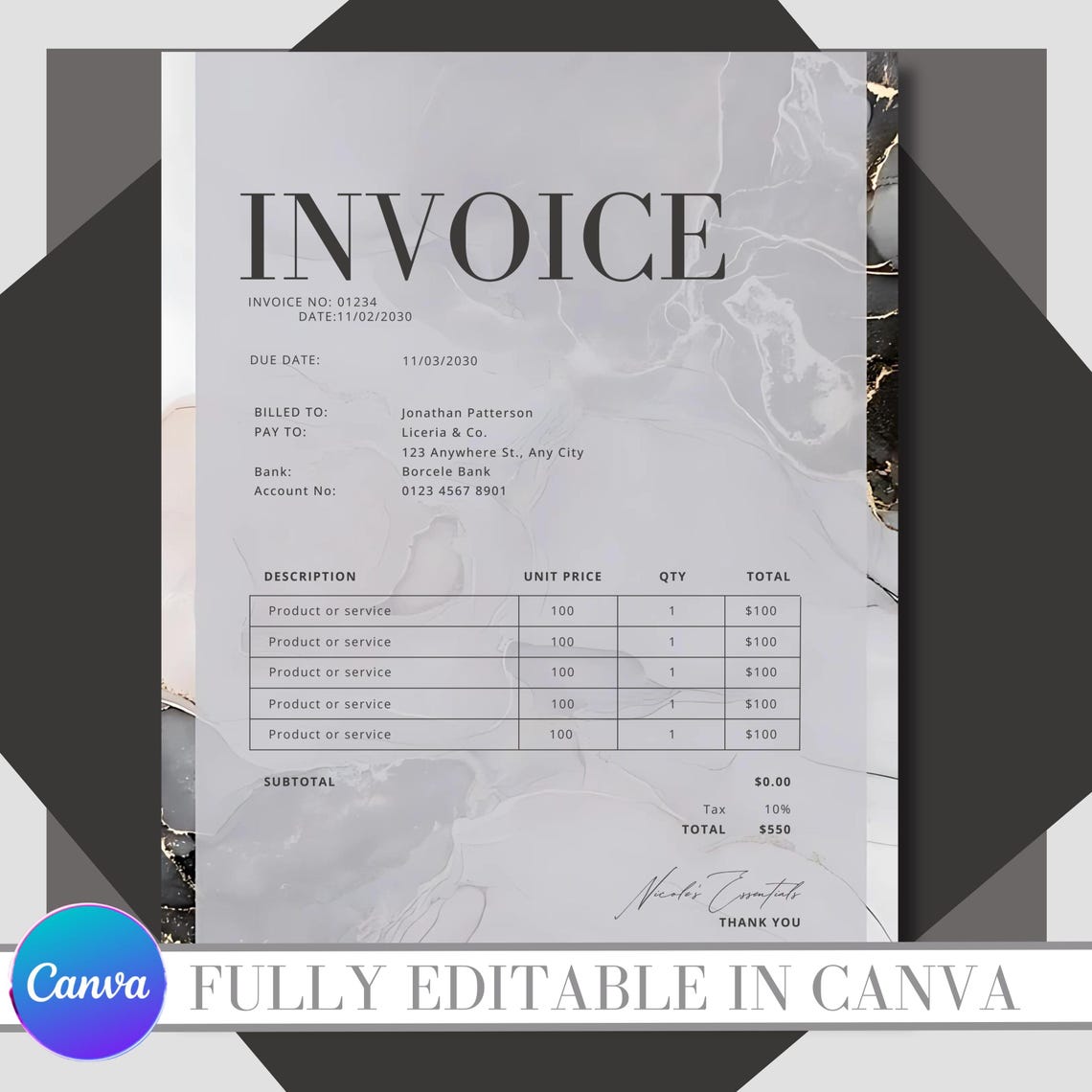 Invoice Template - Printable Invoice - Editable Invoice - Receipt ...