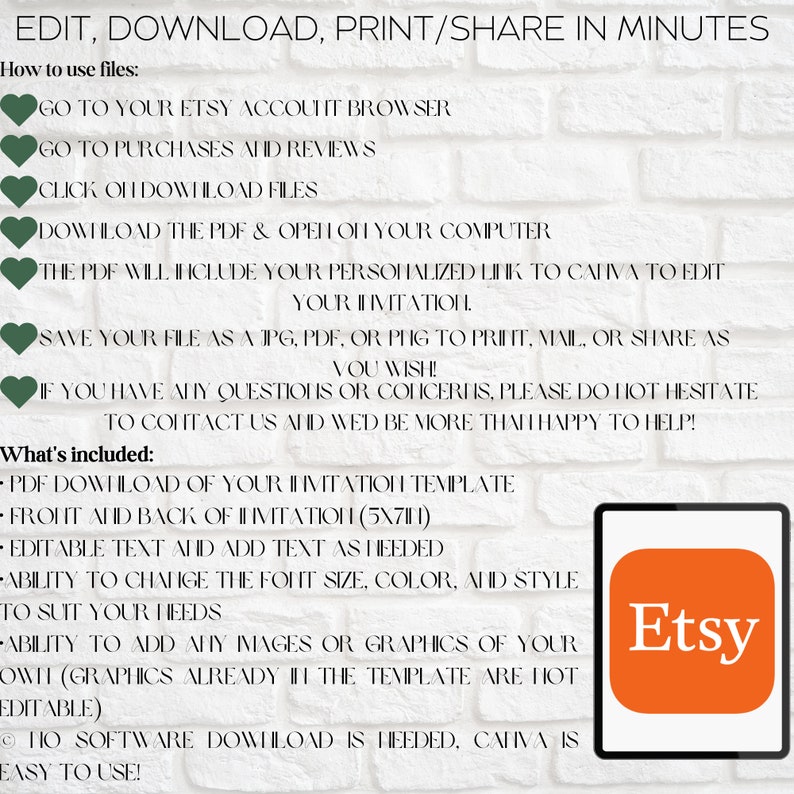 Editable Wedding Invitation Template, Green & Gold, Canva (digital ...