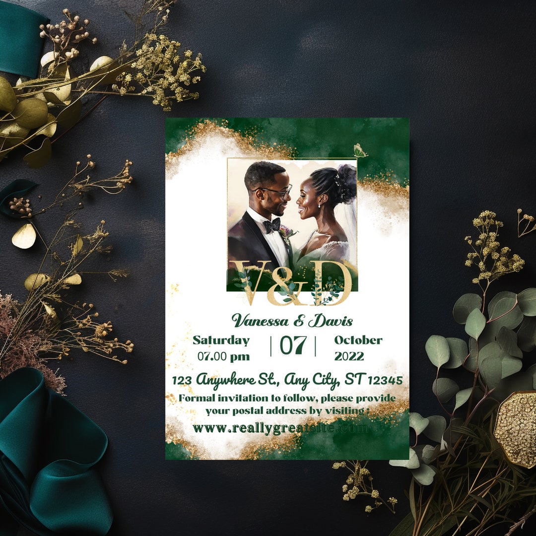Editable Wedding Invitation Template, Green & Gold, Canva (digital ...