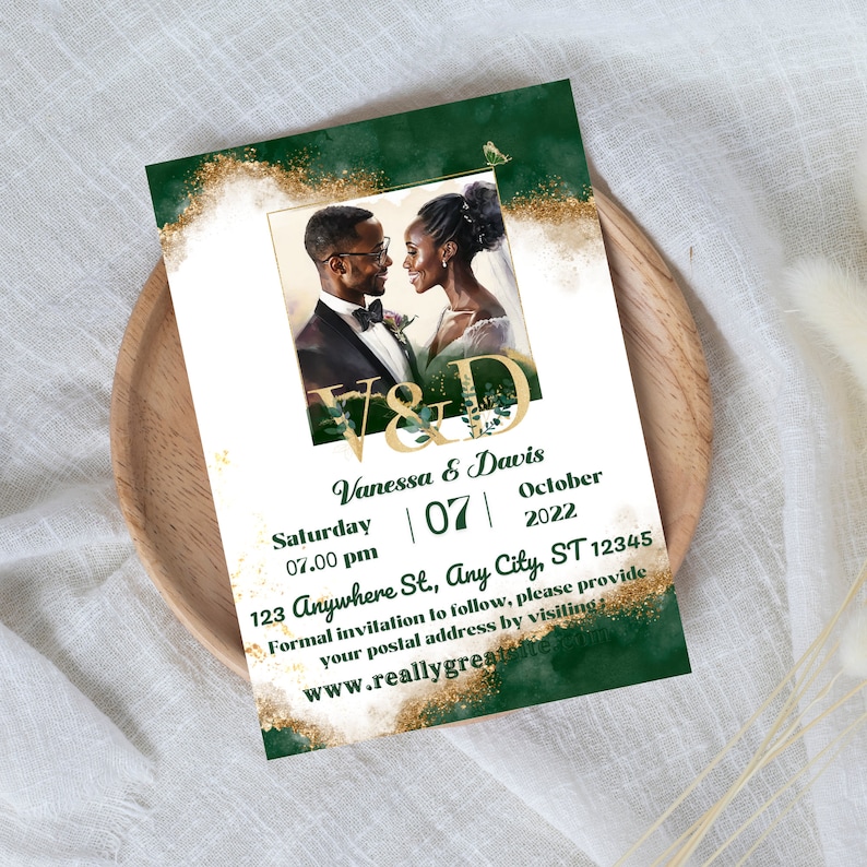Editable Wedding Invitation Template, Green & Gold, Canva (digital ...