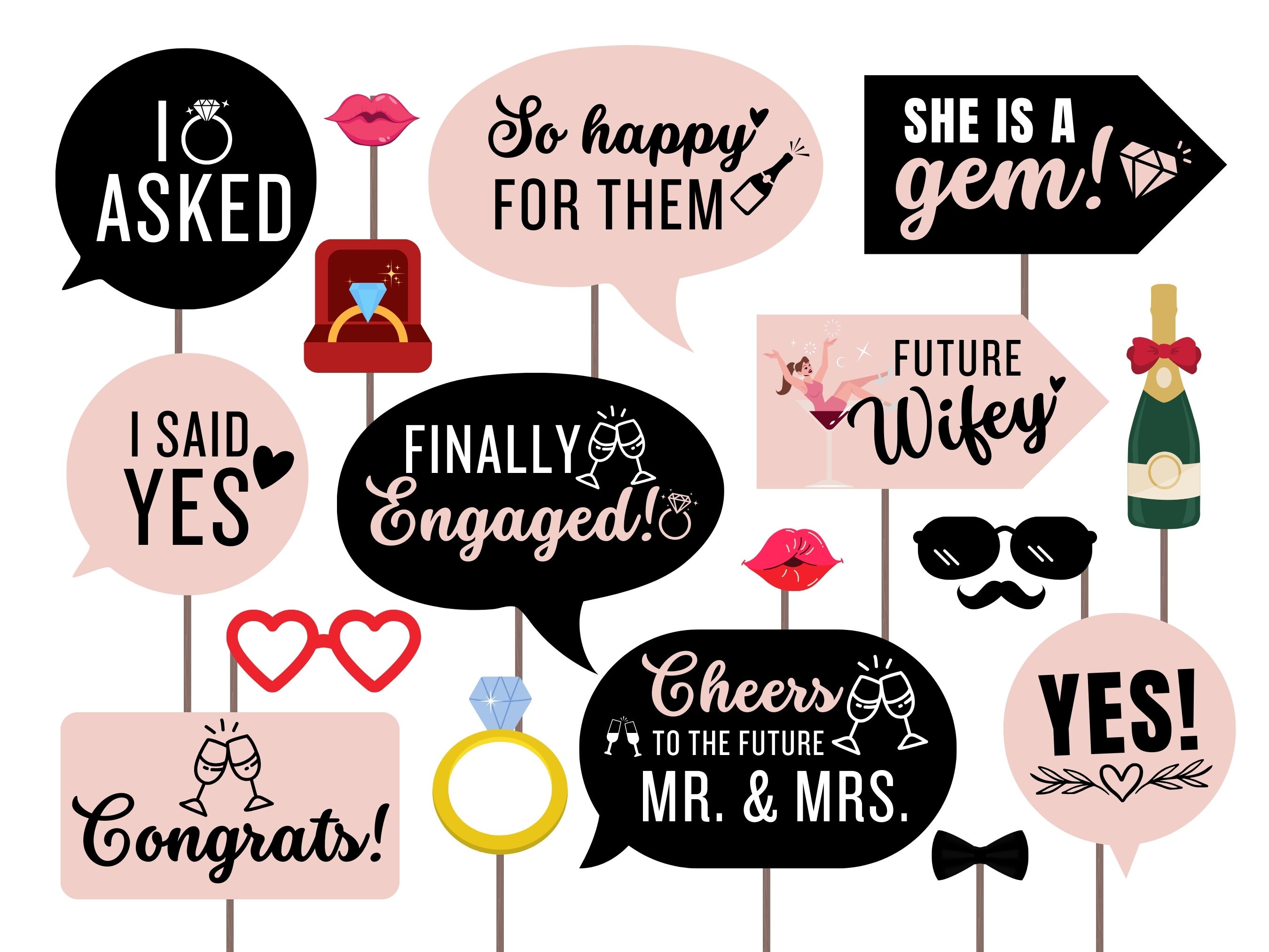 Engagement Photo Booth Props: 30 Piece Printable Set (digital Download ...