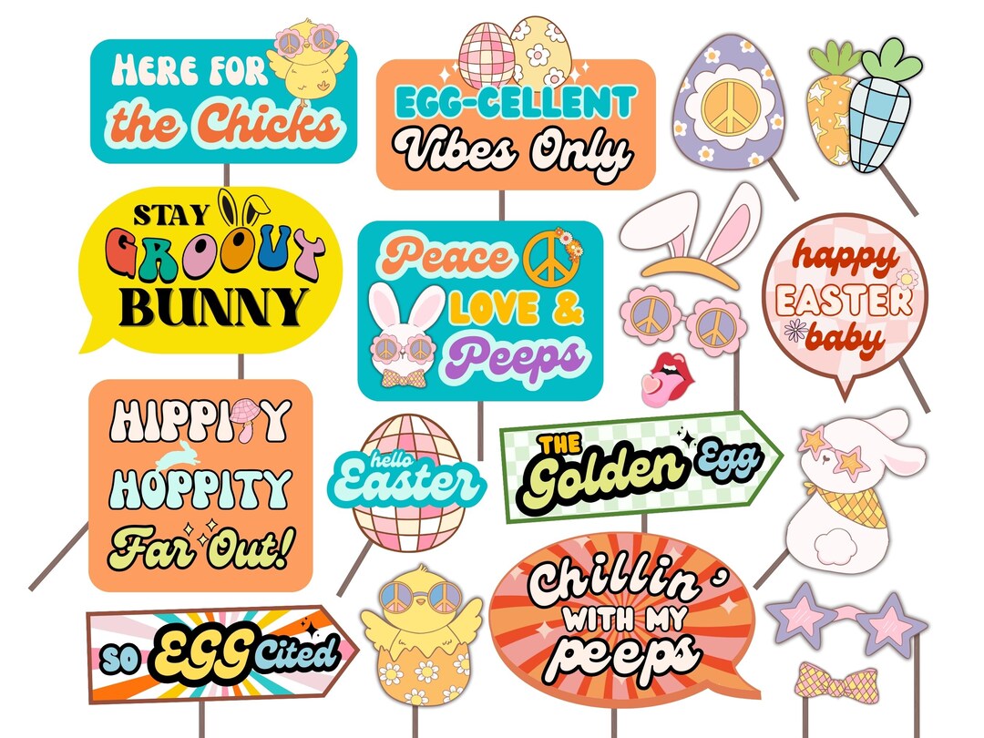 Retro Easter Photobooth Props Printable, Groovy Easter Party Decor, 70s ...