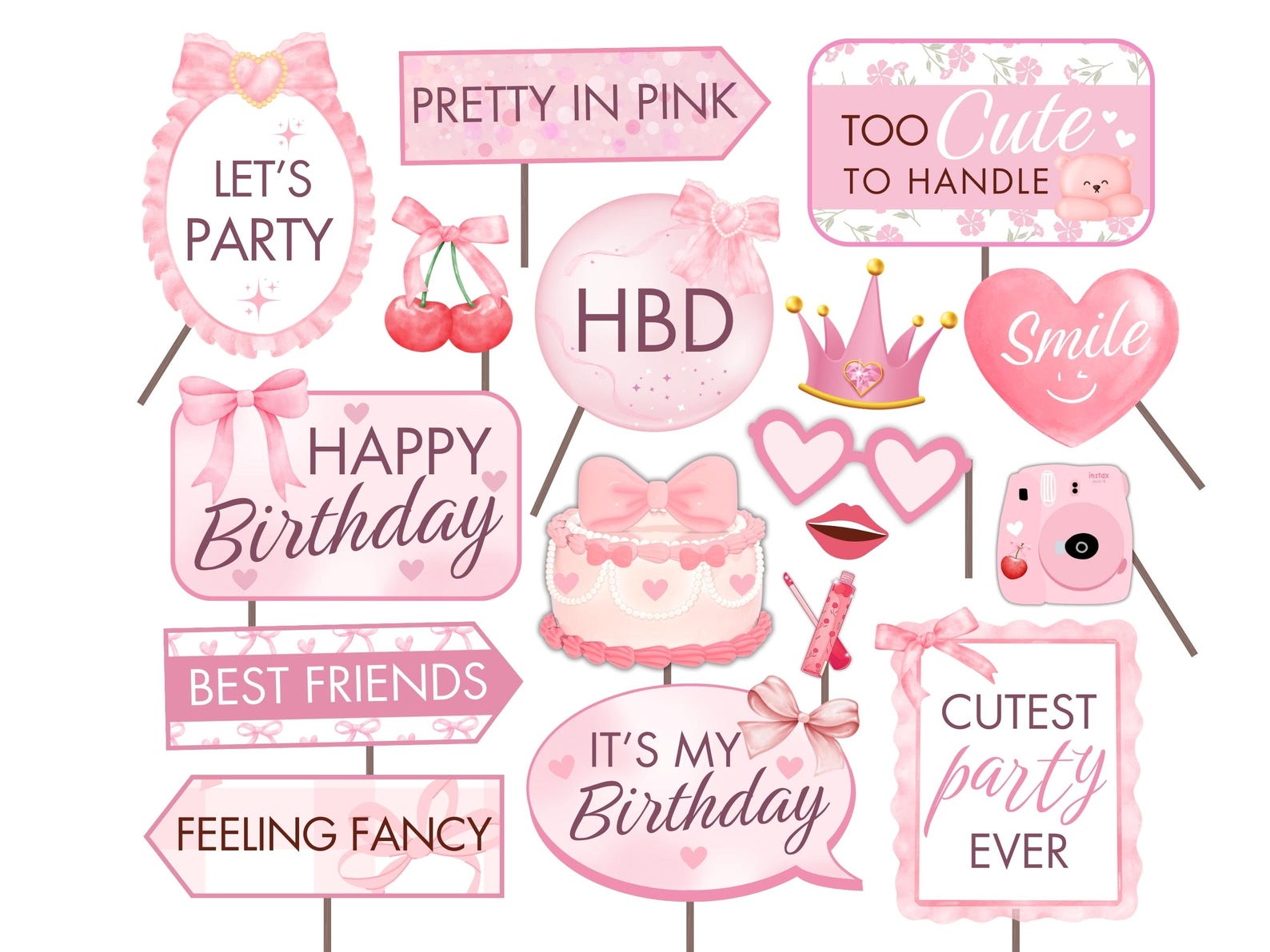 Pink Bow Birthday Photo Booth Props: Girly Party Decor (digital ...