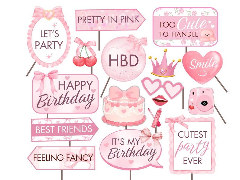 Pink Bow Birthday Photo Booth Props: Girly Party Decor (digital ...