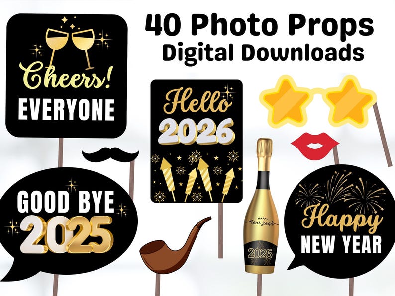 New Years Photo Booth Props Printable, New Years Party Props, New Years ...