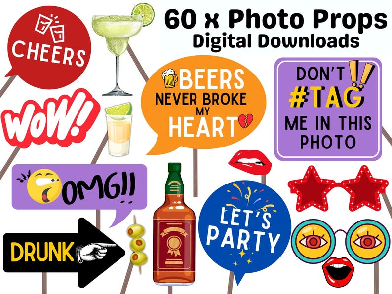 60 Pcs Adult Drinking Party Photo Props Printable, Alcoholic Party ...
