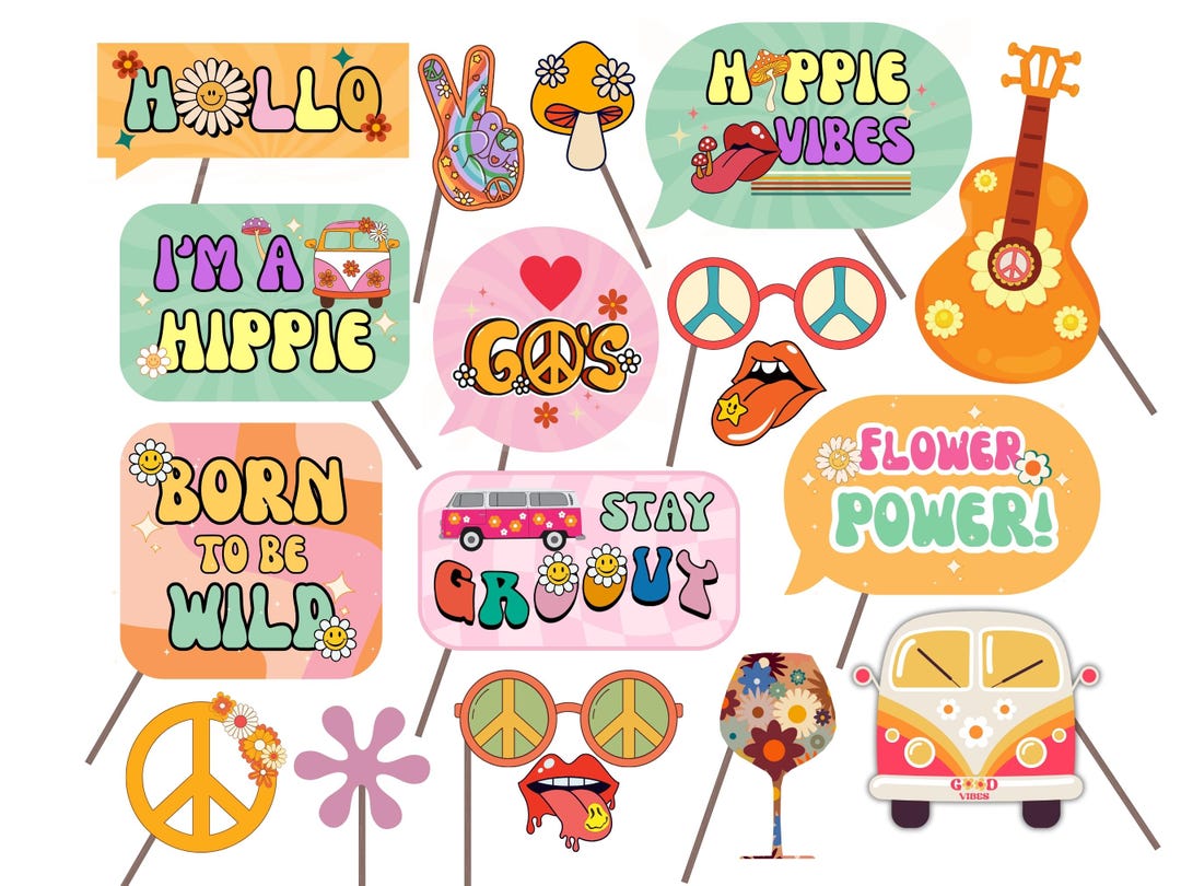Groovy 60s Party Photo Booth Props: Hippie Theme (printable Digital ...