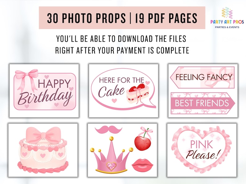 Pink Bow Birthday Photo Booth Props: Girly Party Decor (digital ...