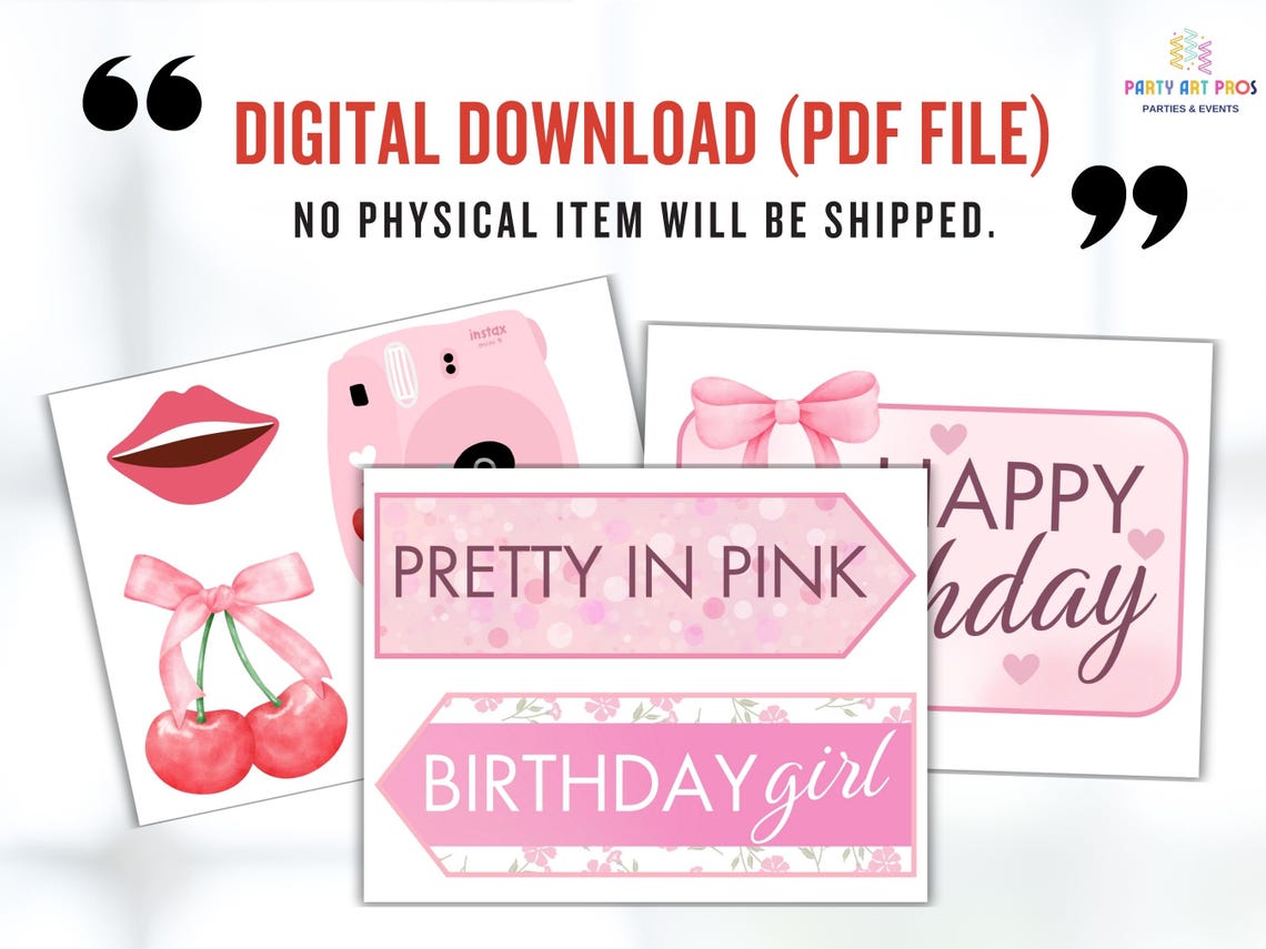 Pink Bow Birthday Photo Booth Props: Girly Party Decor (digital ...