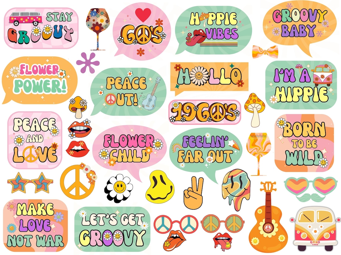 Groovy 60s Party Photo Booth Props: Hippie Theme (printable Digital ...