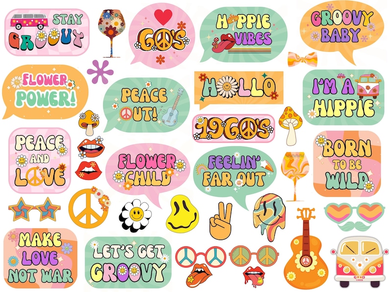 Groovy 60s Party Photo Booth Props: Hippie Theme (printable Digital ...