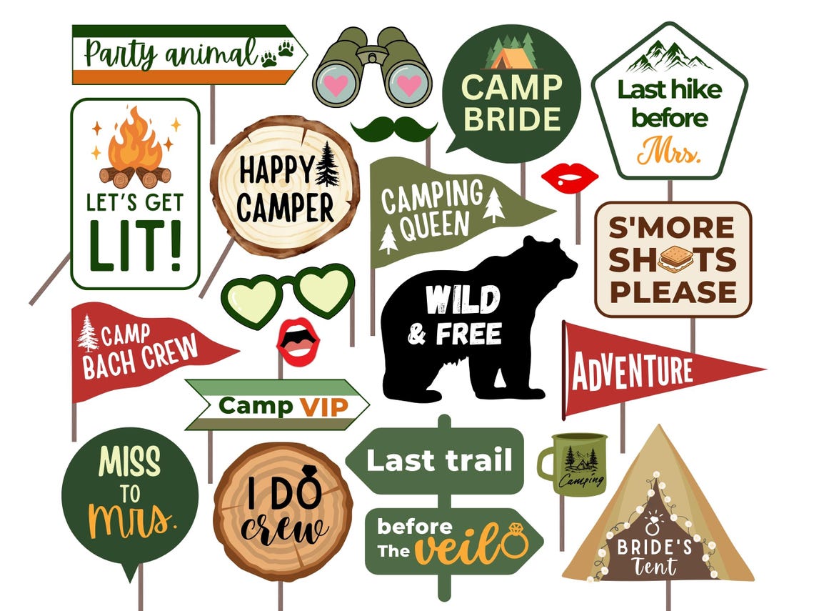 Camping Bachelorette Party Photo Booth Props Printable: Glamping Hen ...